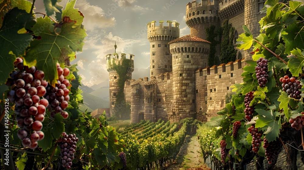 Medieval Castle Overlooking Vineyards with Ripe Grape Bunches. The ...