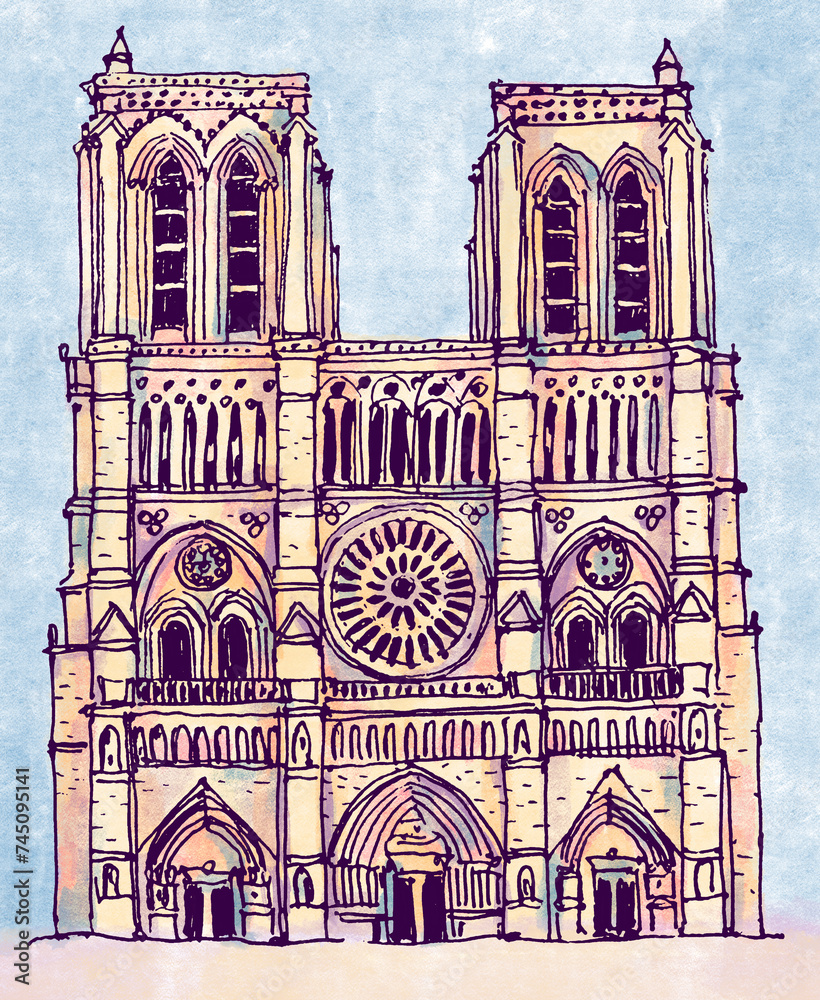 Architecture travel sketch illustration of Notre Dame, Paris, France ...