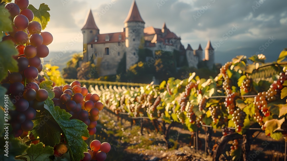 Medieval Castle Overlooking Vineyards with Ripe Grape Bunches. The ...