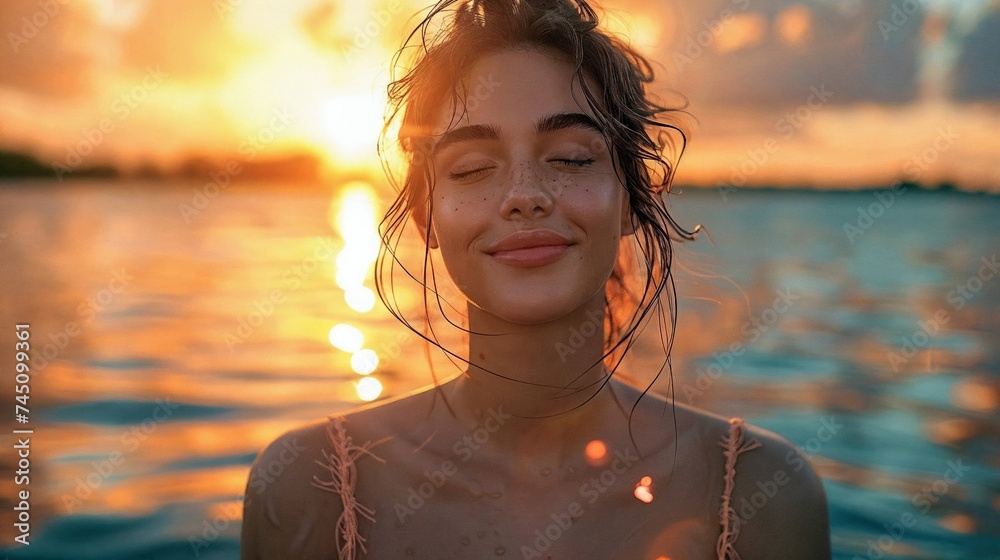 Tranquil Sunset Smile Symbolizing Self-Compassion. A woman basks in the ...