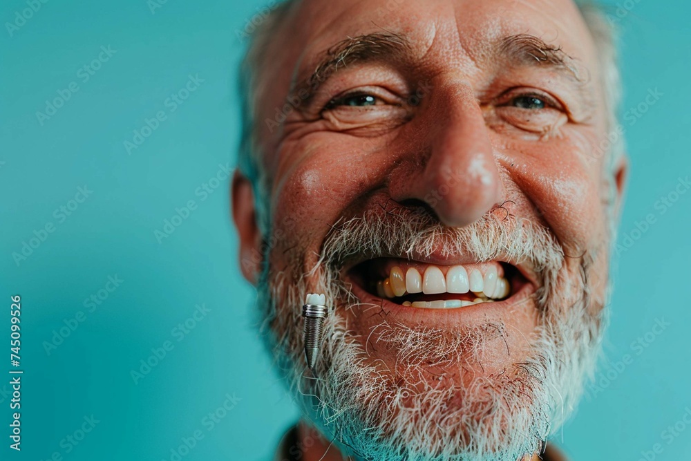 Cropped smile of an elderly man with a gray beard and perfect teeth and ...