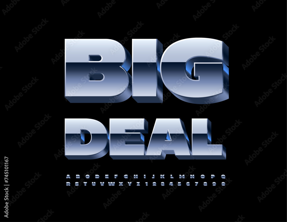 Vector cool Emblem Big Deal. Trendy Silver Font. Metallic 3D Alphabet ...