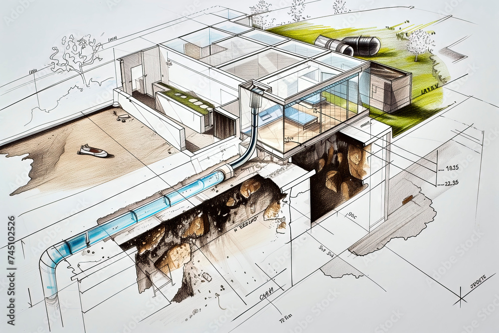 Architectural concept drawing of a modern house with Geothermal heat ...