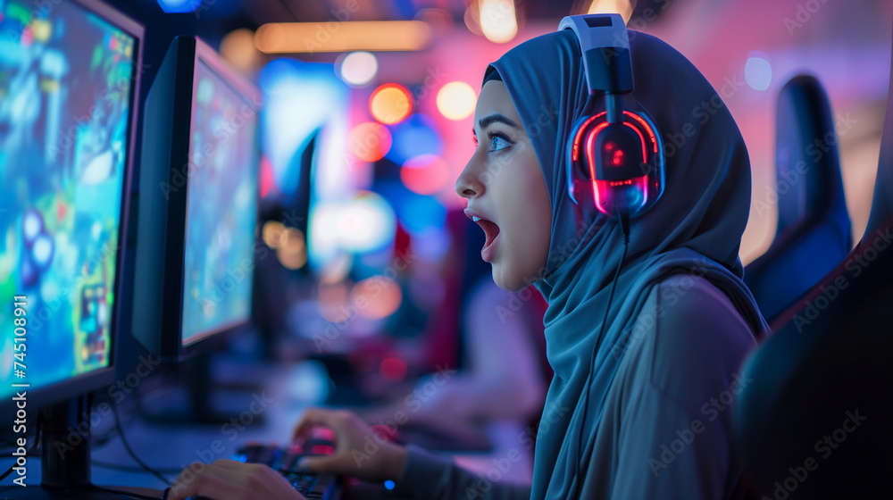 Muslim young woman playing video games in cybersports club neon lights ...
