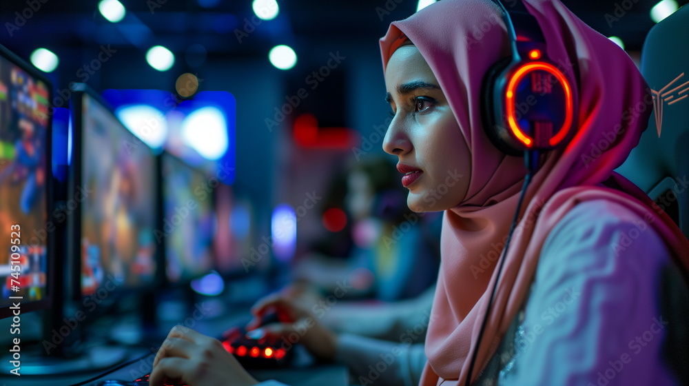 Muslim young woman playing video games in cybersports club neon lights ...