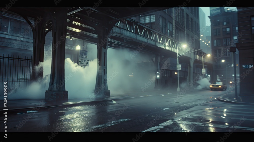 ultra - realistic cinema of an empty New York street, fog, steam, dark ...