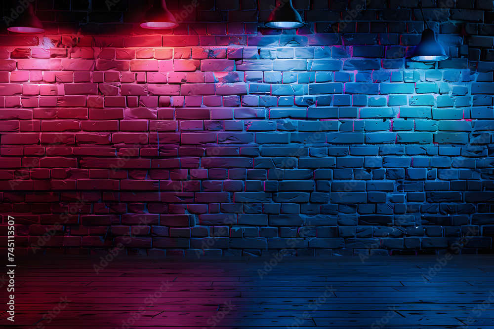 Black brick wall background with neon lighting effect from pink and ...