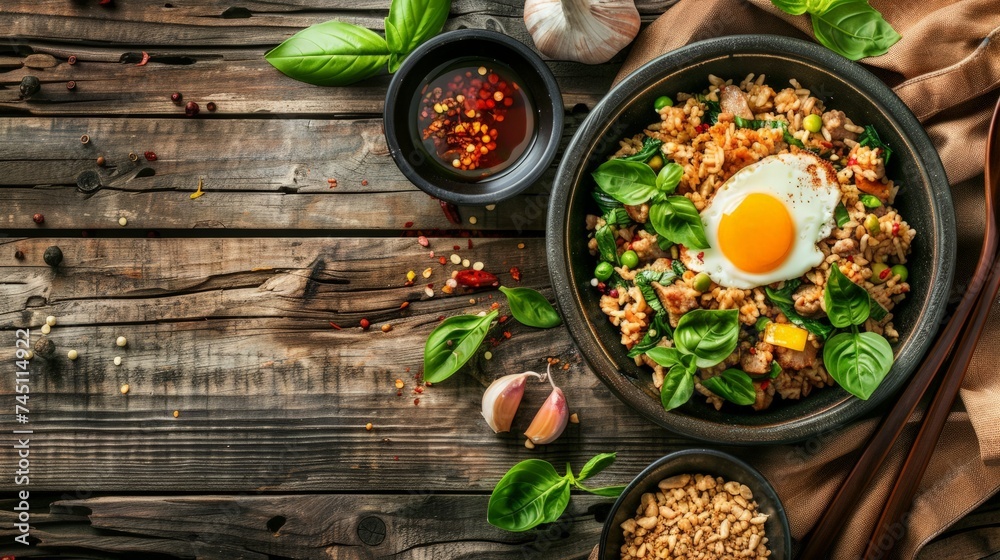 Khao Pad Ka Prao Moo Sub Kai Dao, Thai food, streamed rice with basil ...