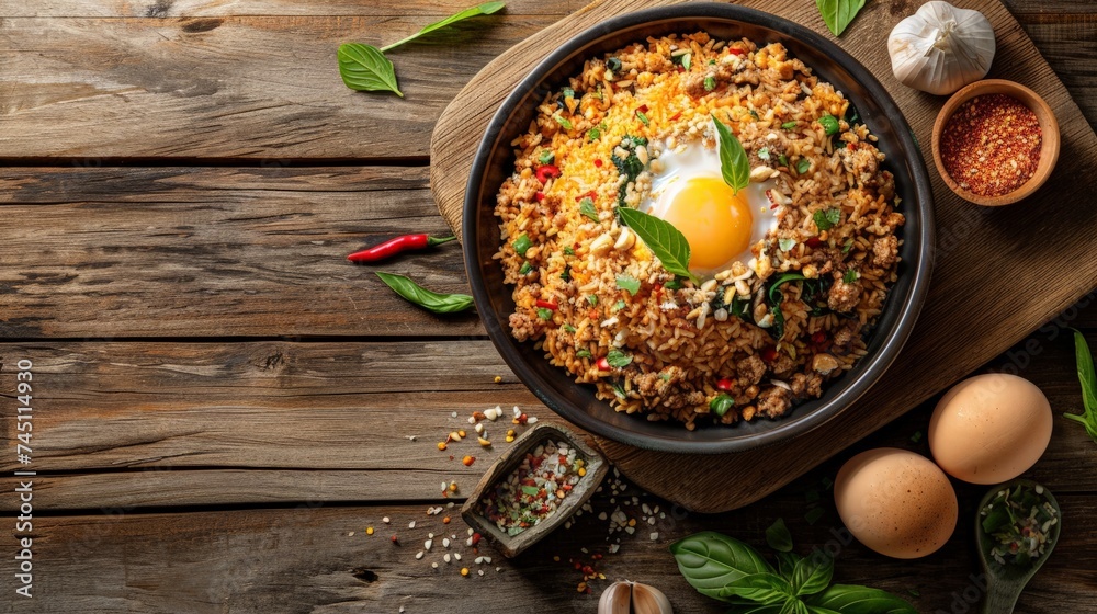 Khao Pad Ka Prao Moo Sub Kai Dao, Thai food, streamed rice with basil ...