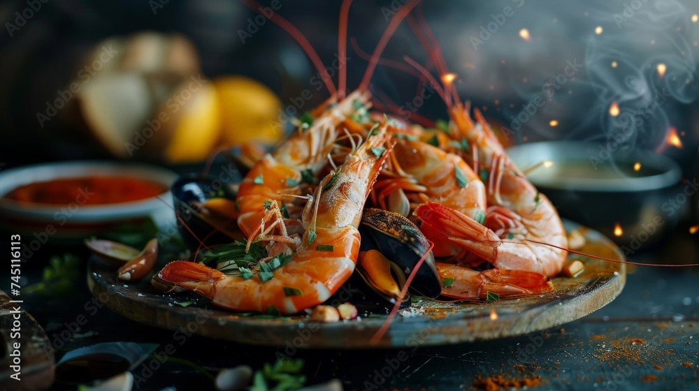 Seafood shrimps prawns squid mussels spotted babylon shellfish crab on ...