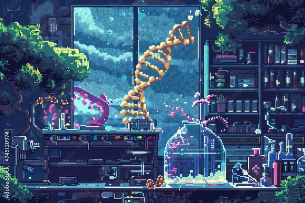 A pixel art representation of molecular biology in action. Cellular ...