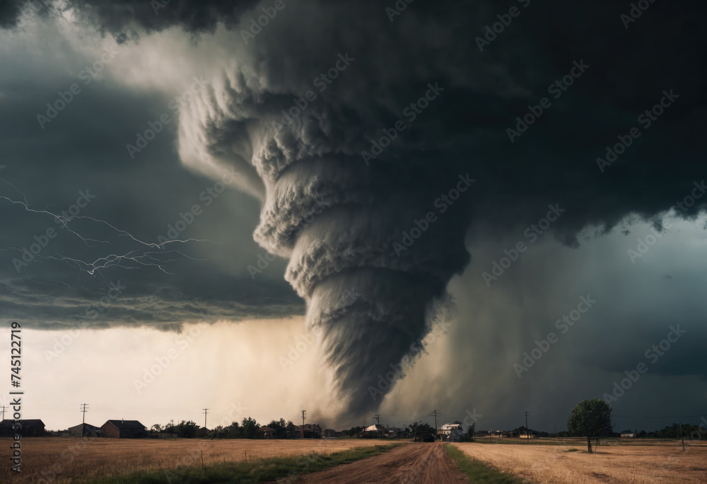 Giant super tornado over country road in field. Natural climate ...