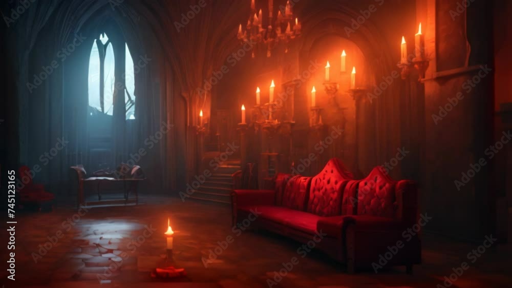Interior of Dracula castle, victorian living room with table, sofa and ...