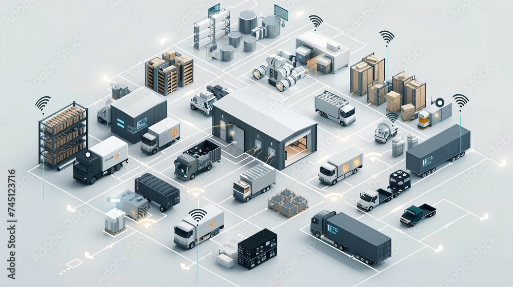an isometric illustration of a smart warehouse management system with ...