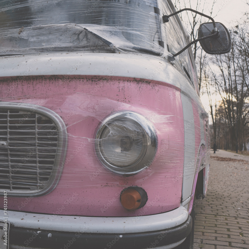 an old pink van that sells ice cream, coffee and donuts in the summer ...