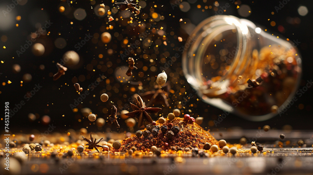 Photography of a frozen shot of a spice jar spill with spices suspended ...