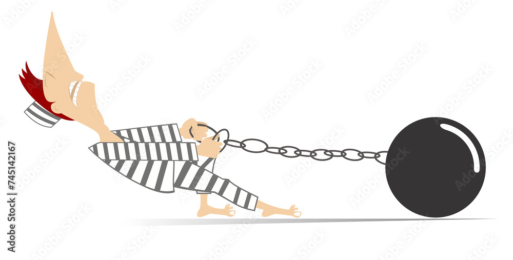 Prisoner with an iron ball chained to his foot. Cartoon prisoner pulls ...