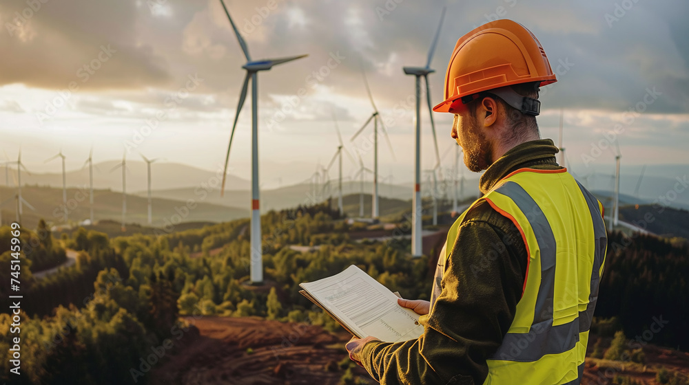 full body view of an Engineer working at alternativ energy on a onshore ...