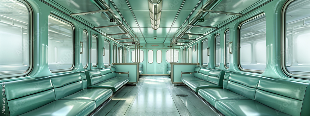subway train interior with sage green seats and baby blue glass window ...