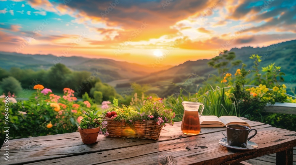 a French terrace adorned with flowers is the backdrop to the breakfast ...