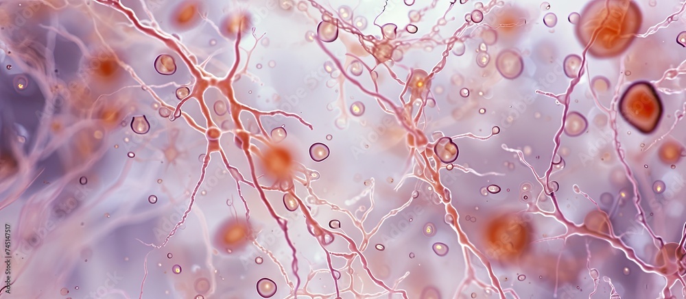 This close-up view shows a network of blood vessels, including a ...