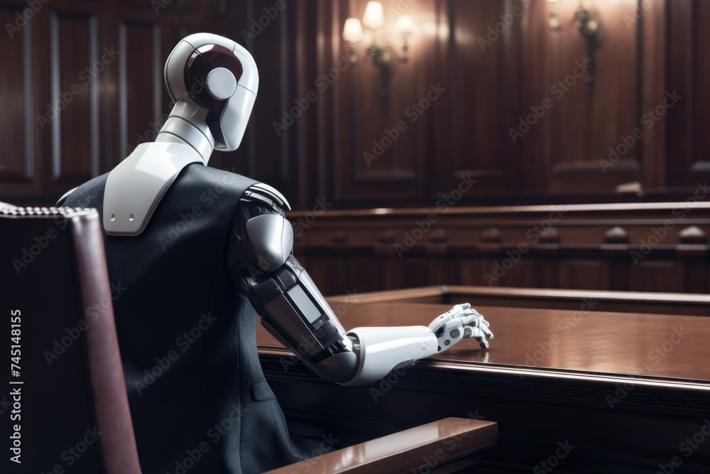 Autonomous robot sitting in a courtroom, symbolizing AI's role and ...