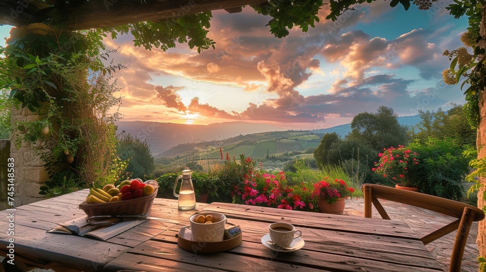 a French terrace adorned with flowers is the backdrop to the breakfast ...