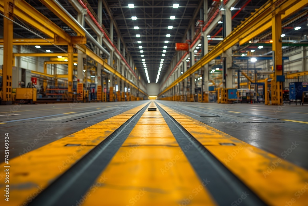 Expansive factory floor with conveyor system stretching into the ...
