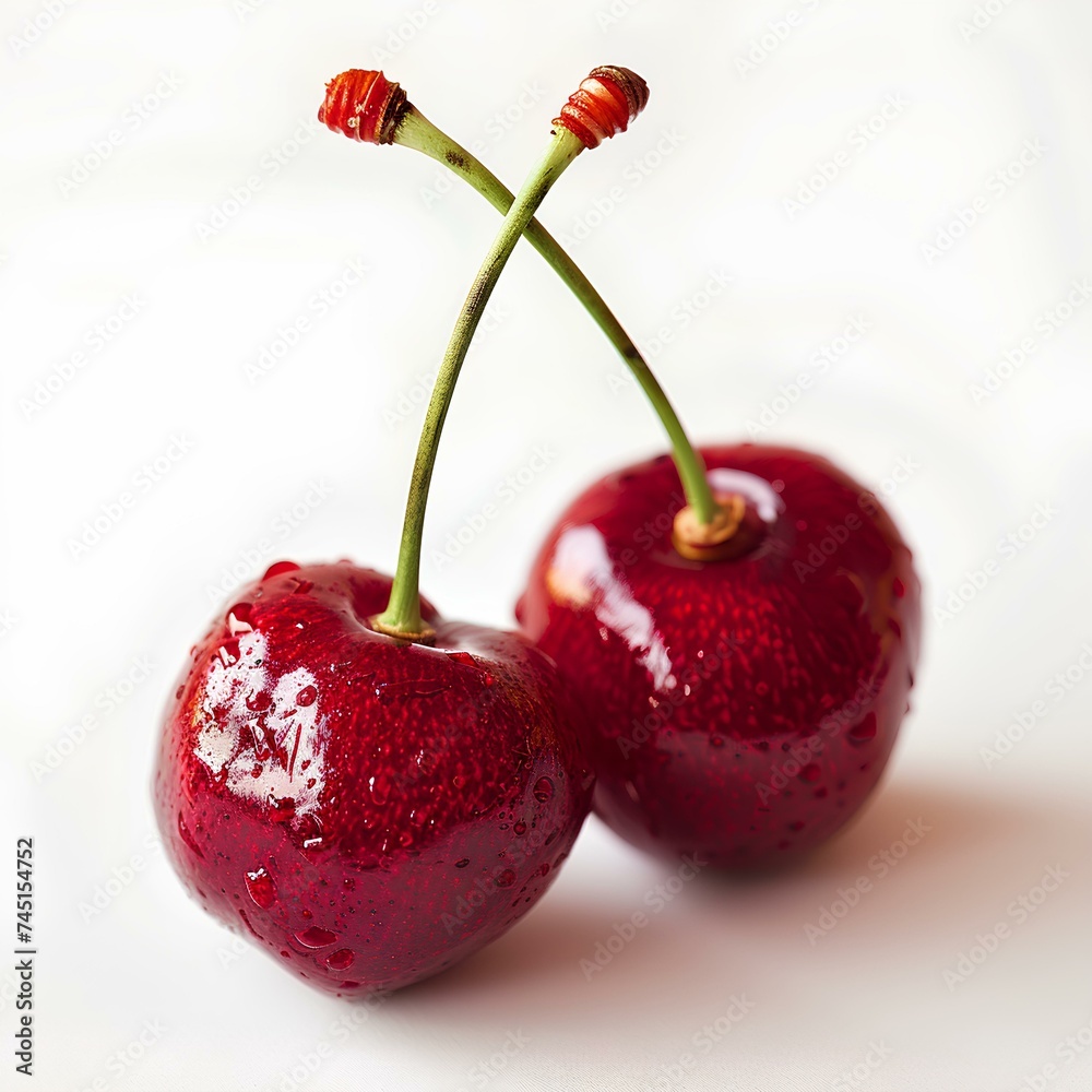 Red cherry with stem isolated on white background with shadow. Red ...