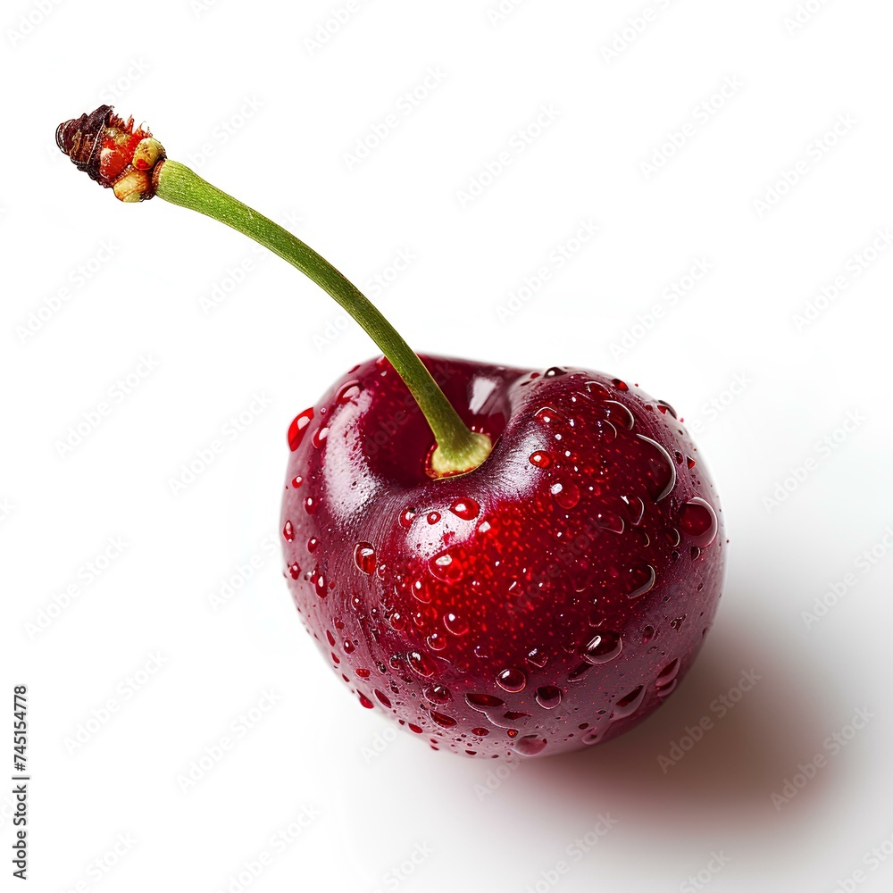 Red cherry with stem isolated on white background with shadow. Red ...