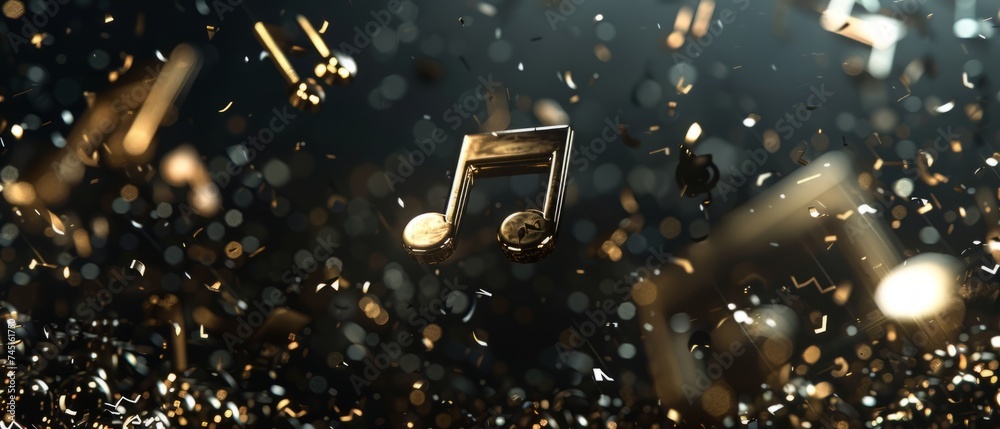 Gold musical notes flying in the air on black background with copy ...