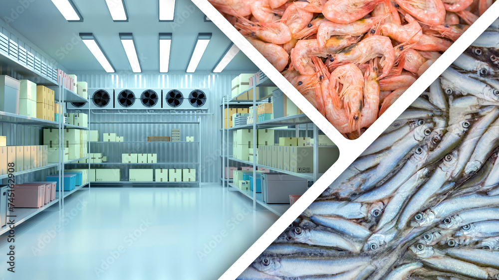 Industrial refrigerator with seafood. Frozen fish in cold storage ...