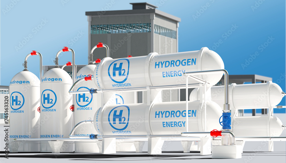 Hydrogen energy. High pressure tanks with hydrogen. Factory for ...
