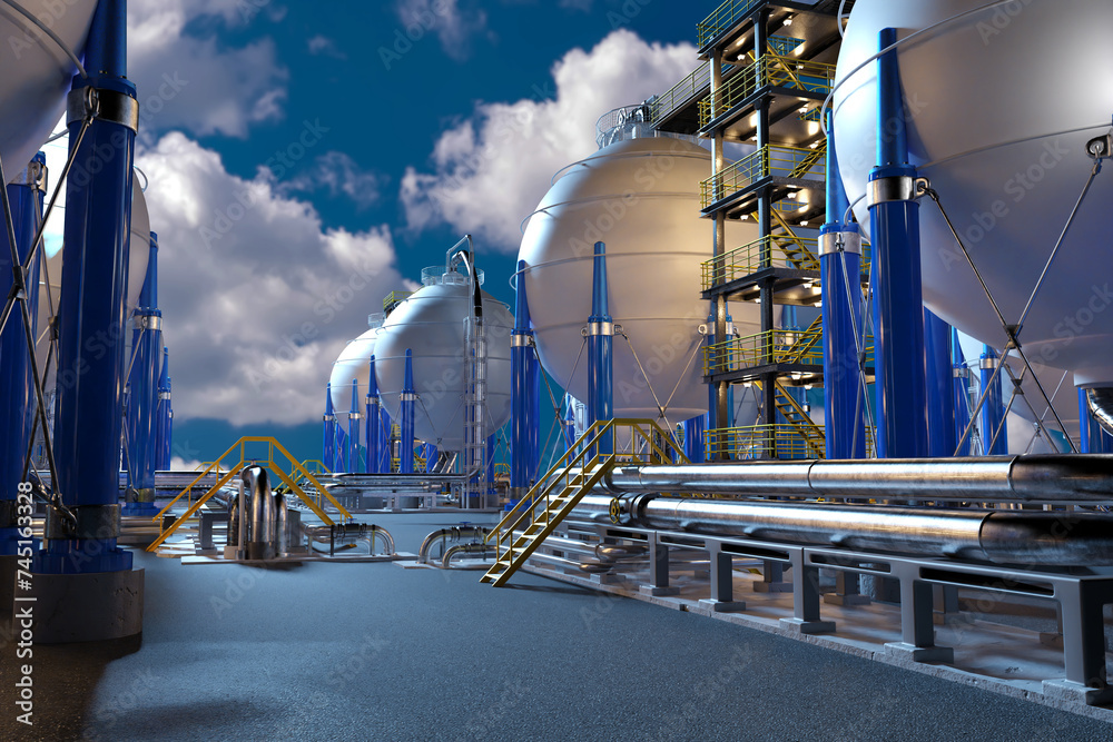 Exterior of factory on summer evening. Plant with spherical high ...