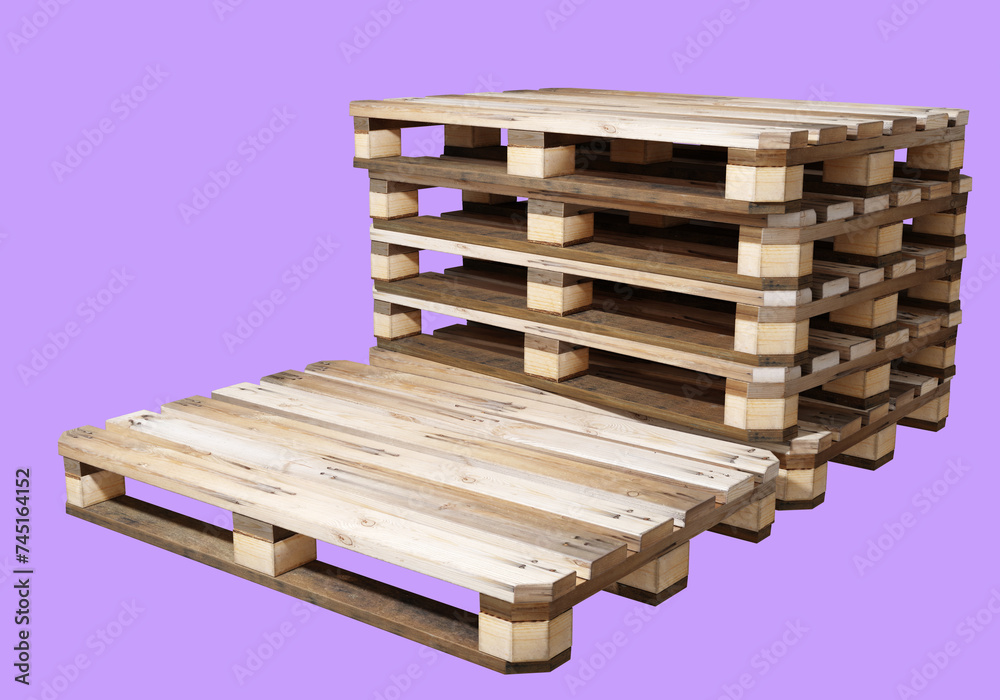 Wooden pallets lie in stack. Europallets isolated on pink. Pallets for ...