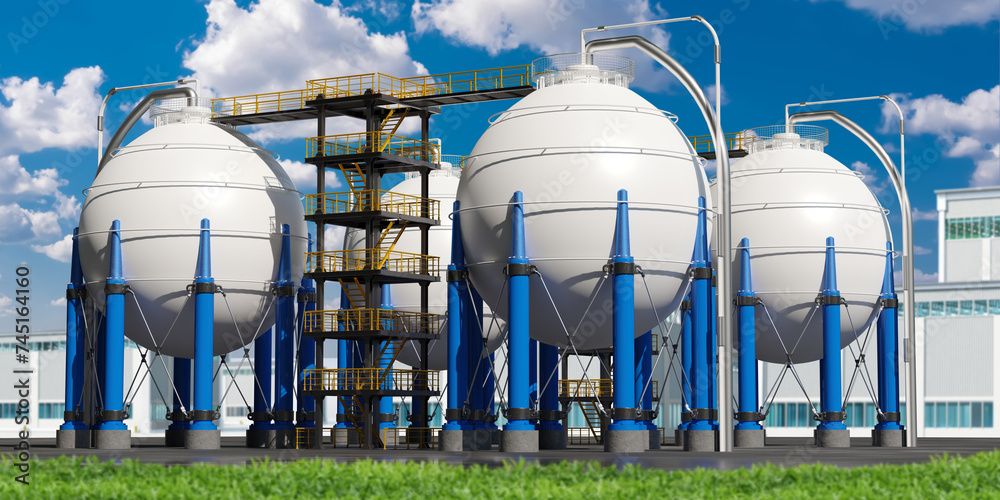 Chemical factory. Tanks with cryogenic liquid near manufactory ...