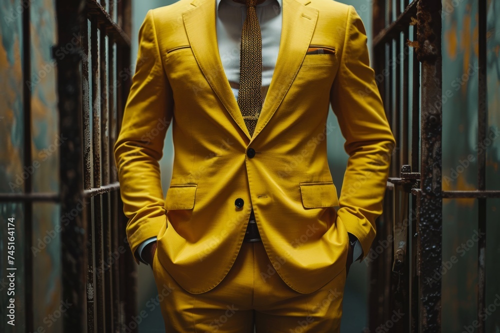 Faceless prisoner with a crisply dressed torso in a yellow suit, stands ...