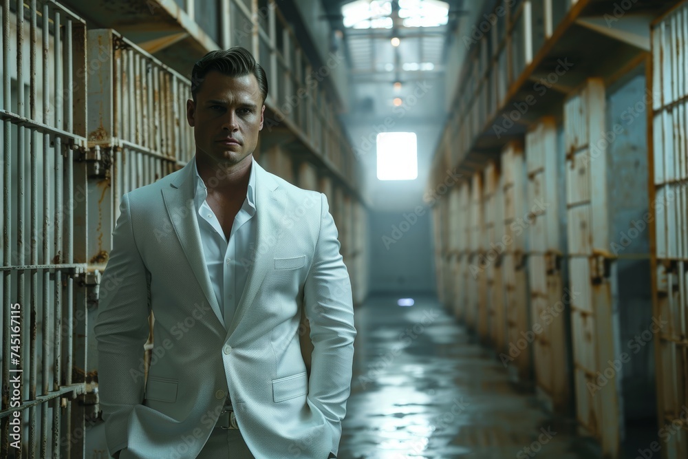Solemn man in a crisp white suit stands in the somber setting of a ...