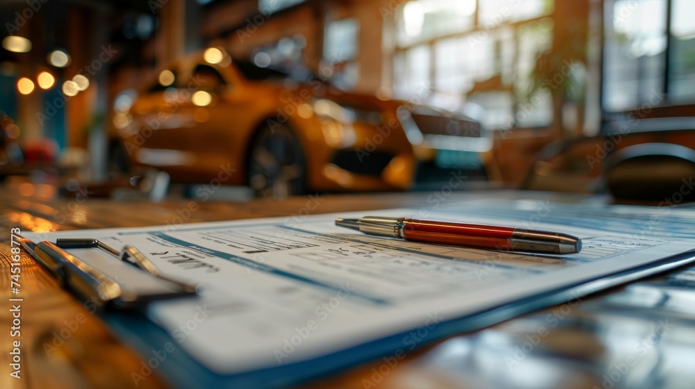 3D wireframe model of a car on top of vehicle insurance documents ...