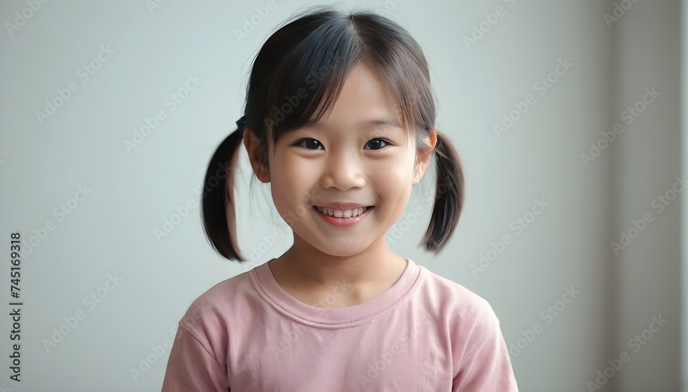 Portrait of cute Asian kid, child, on a plain white background. Simple ...