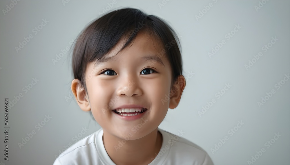 Portrait of cute Asian kid, child, on a plain white background. Simple ...