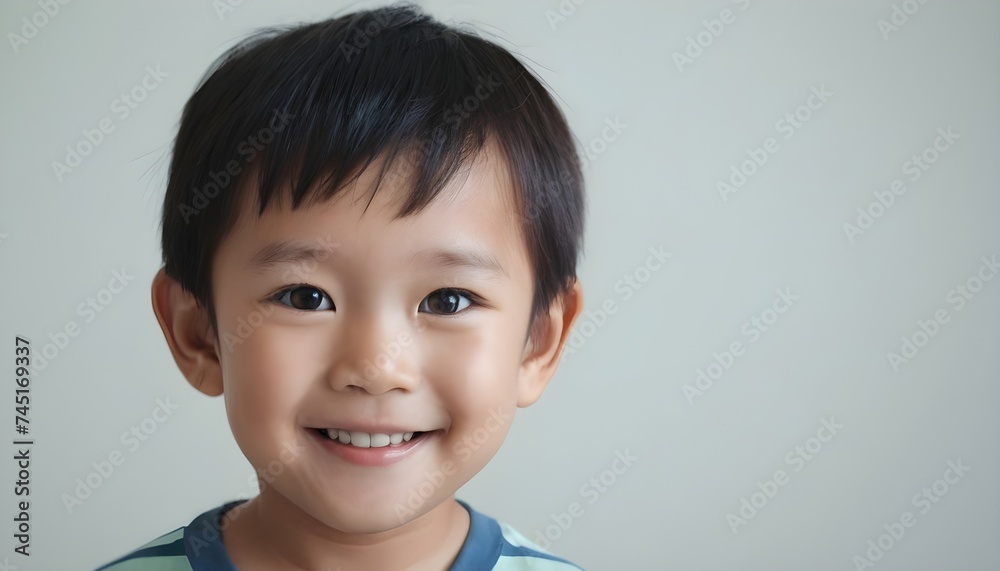 Portrait of cute Asian kid, child, on a plain white background. Simple ...