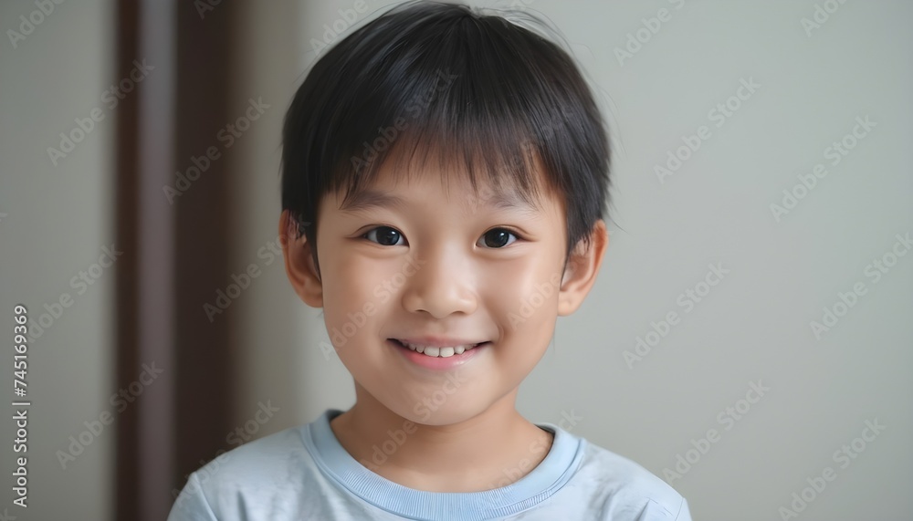 Portrait of cute Asian kid, child, on a plain white background. Simple home setting. Stock Photo ...