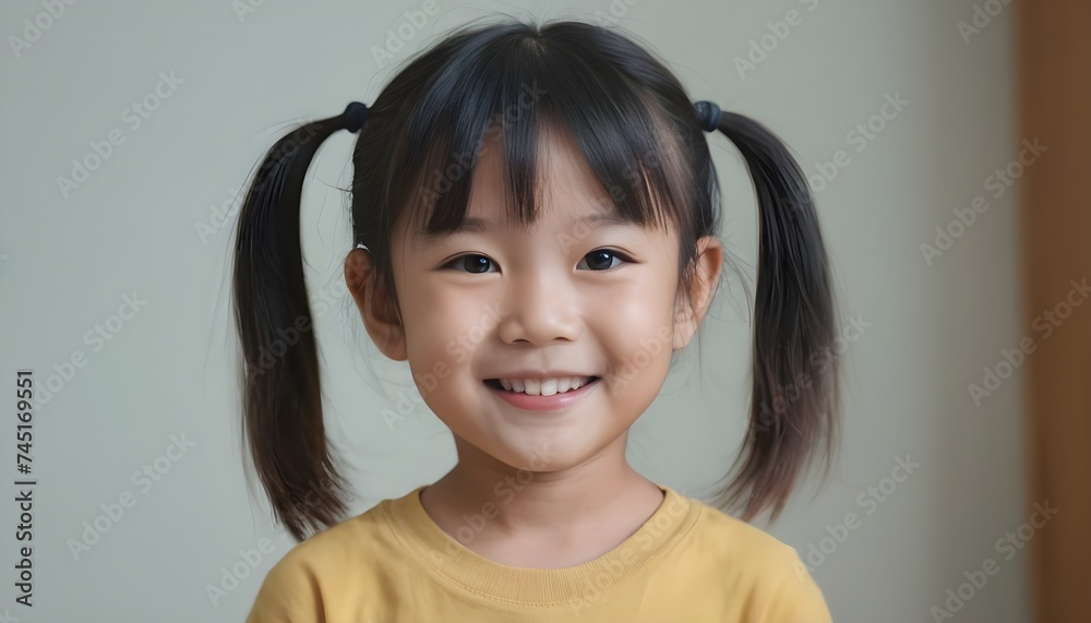 Portrait of cute Asian kid, child, on a plain white background. Simple ...