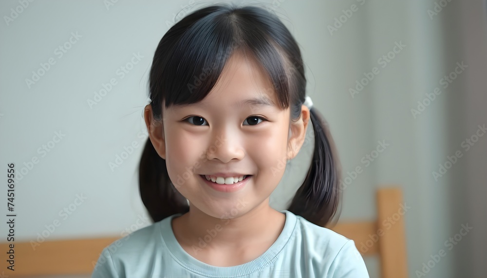 Portrait of cute Asian kid, child, on a plain white background. Simple ...