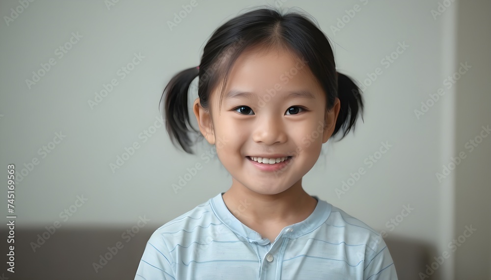 Portrait of cute Asian kid, child, on a plain white background. Simple ...