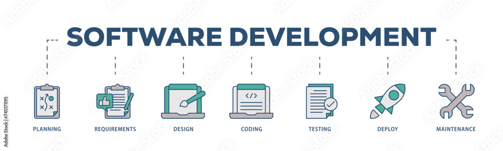 Software development icons process structure web banner illustration of ...