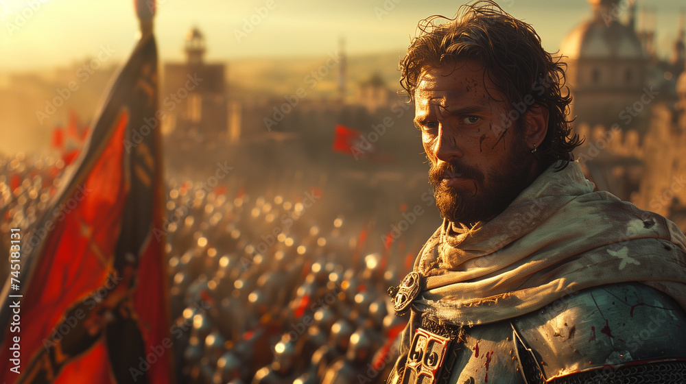 16:9 General templar knight standing proudly on the battlements of a ...