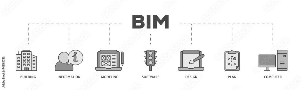 BIM icons process structure web banner illustration of building ...