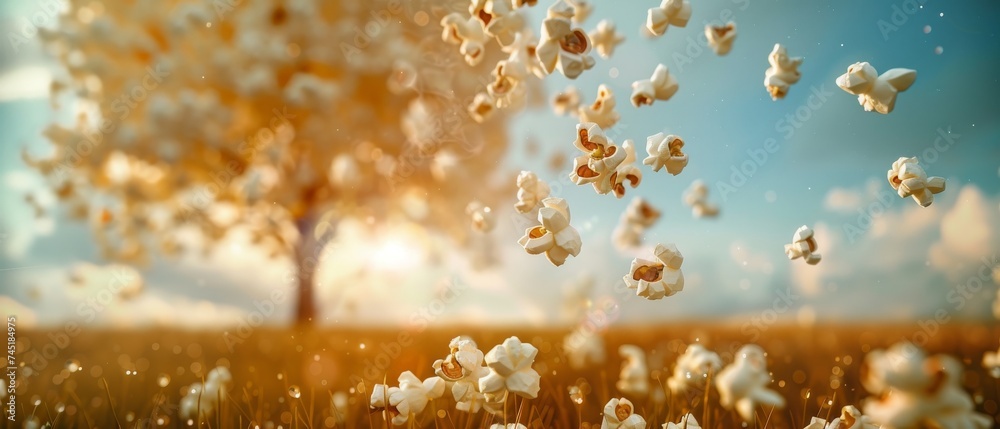 A popcorn tree in a field kernels popping off the branches creating a ...
